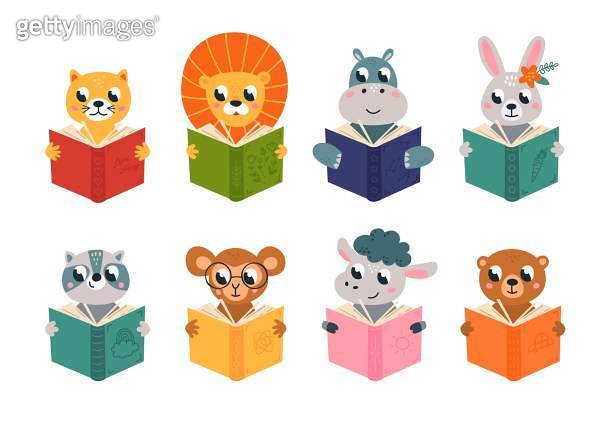 Cute animals reading books. Studying animal, readers characters hold ...