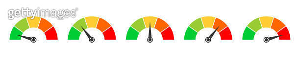 Set of gauge meters with arrows. Colorful indicator to measuring level ...
