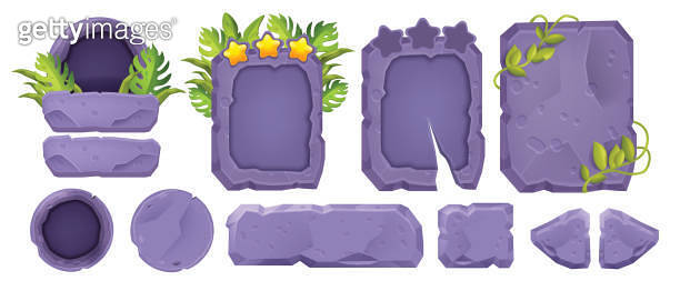 Stone UI game kit, vector jungle rock tablet set, medieval RPG cracked ...