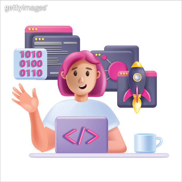 3D programmer female vector character, cartoon young webdesign ...