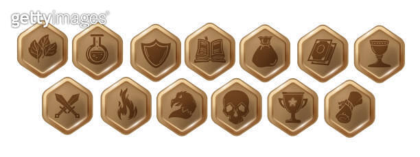 RPG game icon set, vector hexagon UI badge kit, mobile app button ...