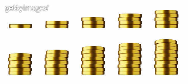3D golden coin realistic stack set, render money pile animation kit on ...