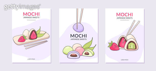 Set of posters with colorful Sweet Mochi. Different sweets mochi on a ...