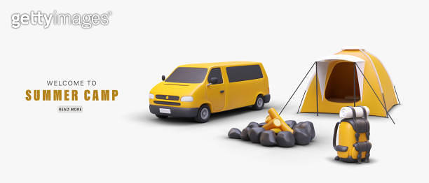 Welcome to summer camp. Horizontal poster with realistic scene, text ... Welcome to summer camp. Horizontal poster with realistic scene, text ...