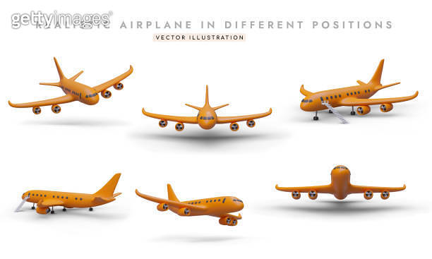 Set of realistic images of aircraft in different positions. Orange 3D ...
