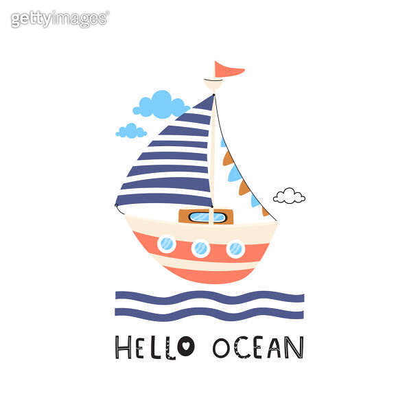 Hello ocean. Sailing ship and hand drawn lettering. Summer illustration ...