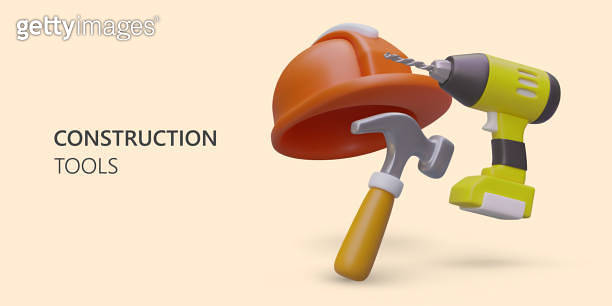 Working tools. Isometric cordless drill, hammer, hard hat 이미지 ...