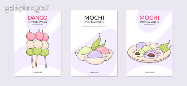 Set of colorful posters with Mochi. Different sweets mochi on a brigth ...