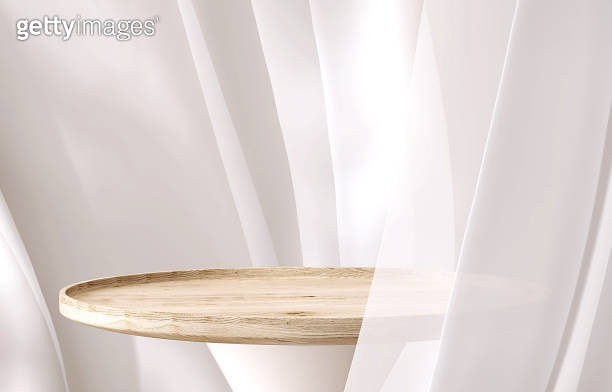 Empty modern round wooden podium side table in soft white blowing ...