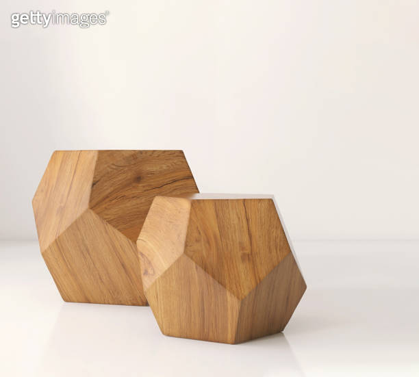 Two minimal design natural wood color geometric shape podium table in ...