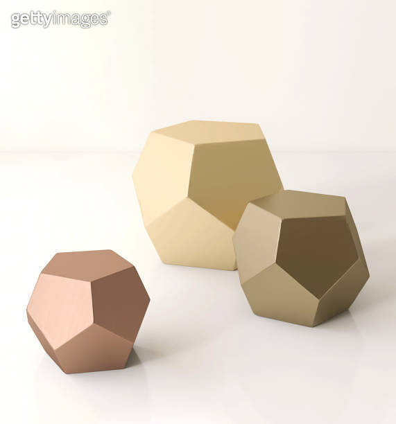 Three modern design glossy white geometric shape podium table in copper ...