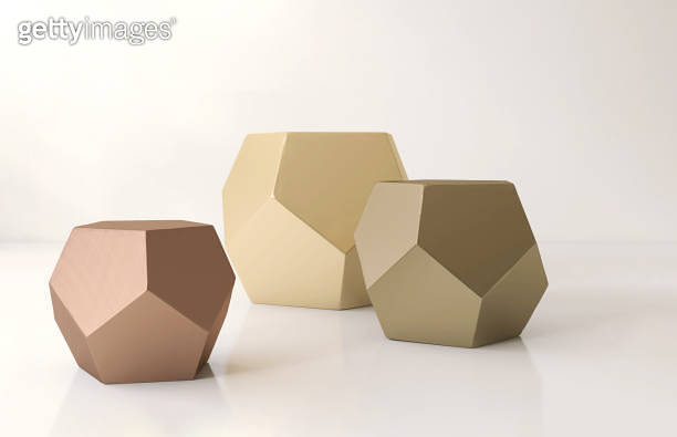 Three modern design glossy white geometric shape podium table in copper ...