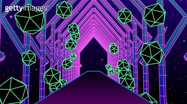 Neon corridor with wireframe shapes in 80s synthwave style. Abstrace ...