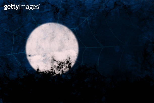 Foggy horror full moon midnight view, of blank spooky dark navy blue ...