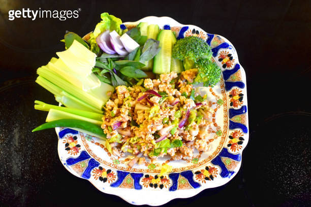 Spicy thai food, Larb Kai , Kai Cooked thai style. Seasoning with red ...