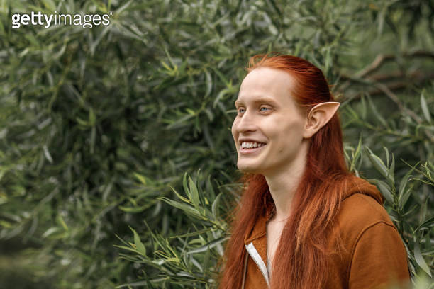 Artistic elf man with red hair and green eyes in the forest 이미지 ...