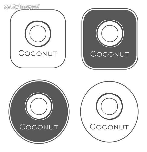 Coconut label template set in black and white. Vector outline symbol ...