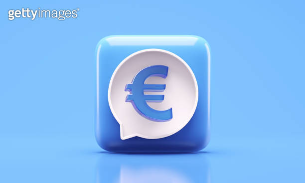 Blue button with like euro symbol icon in white speech bubble 이미지 ...
