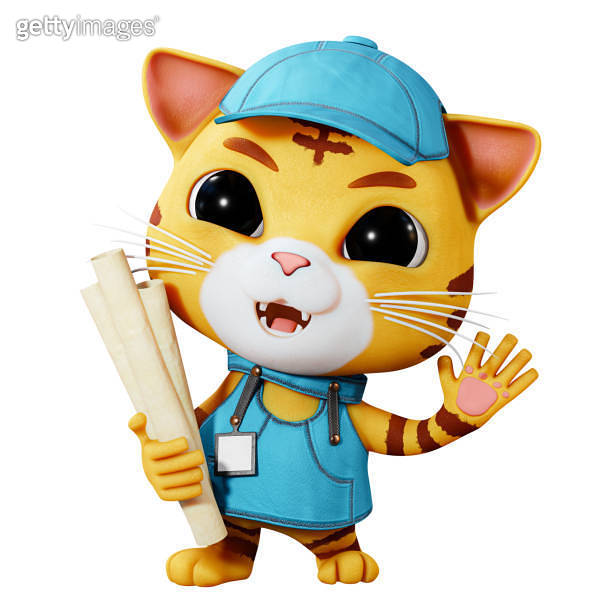 Cute cartoon cat architect on construction site standing while holding ...