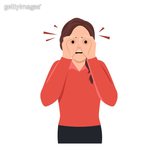 Curious woman looking at screen using hands instead of binoculars wants ...