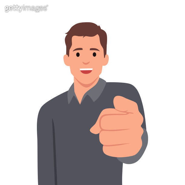Standing business man pointing with index finger at viewer. I want you ...