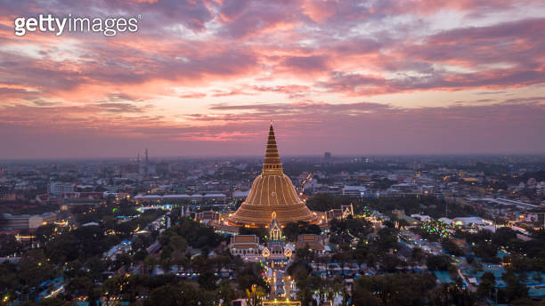 Aerial view golden pagoda Phra Pathom Chedi sunset of Nakhon Pathom ...