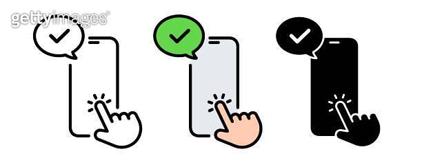 Hand holding mobile phone with checkmark speech bubble yes illustration ...