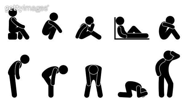 Stick figure man icon. People are sad, sick, tired, sitting, resting ...