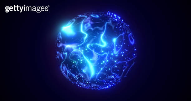 A round blue planet with a molten core in the center in space, a star ...