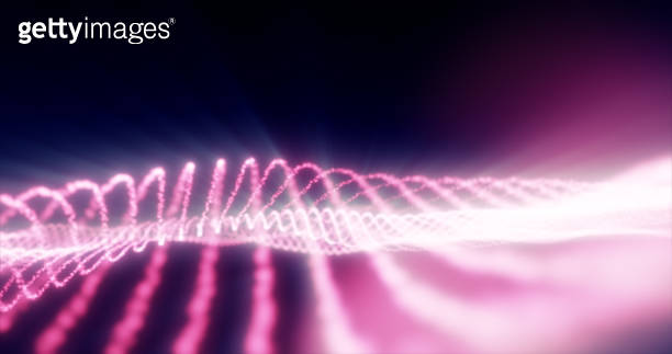 Abstract pink energy magic waves from glowing particles and lines ...