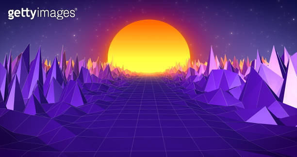 Abstract retro landscape in old style of 80s, 90s with road rocks ...