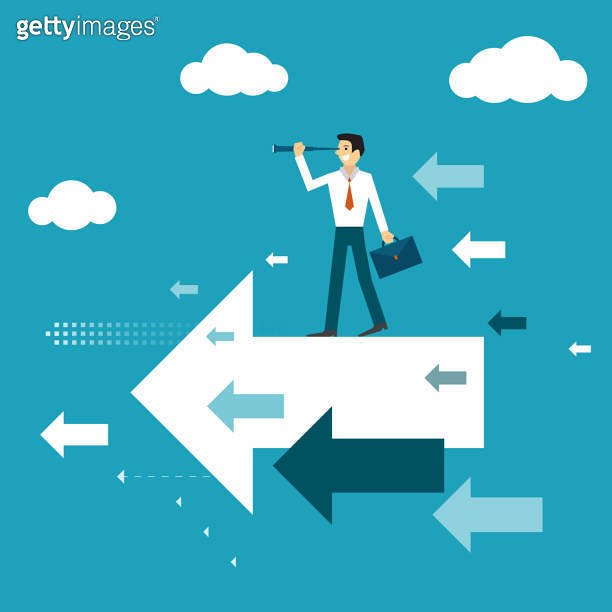 Businessman cartoon character standing on an arrow holding binoculars ...