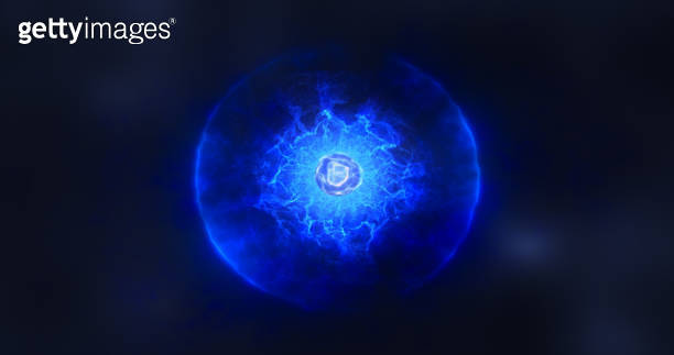 Abstract sphere atom with electrons flying glowing bright particles and ...