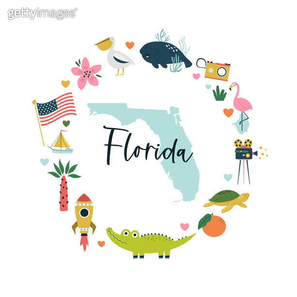 Colorful composition, circle design with famous symbols, animals of ...