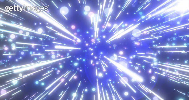 Abstract blue flying stars bright glowing in space with particles and ...