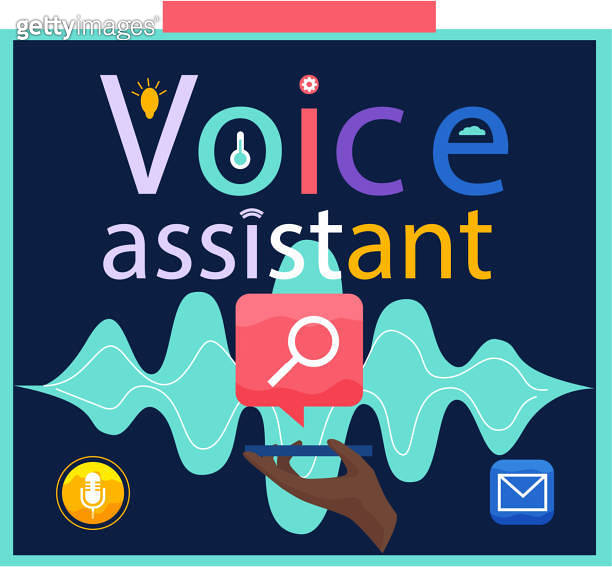 Voice assistant banner. Smart speaker with voice recognition flat ...