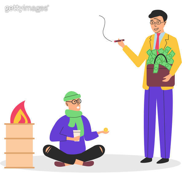 Rich and poor people cartoon men without money. Guy homeless beggar and ...