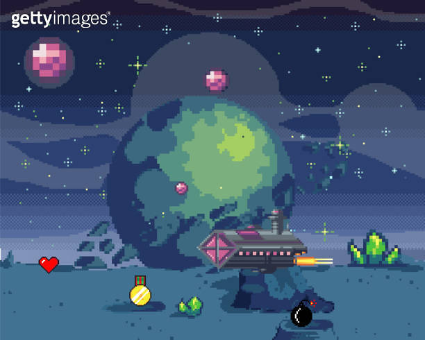 Cosmic scene in pixel art. Space and spaceship. Crater landscape with ...