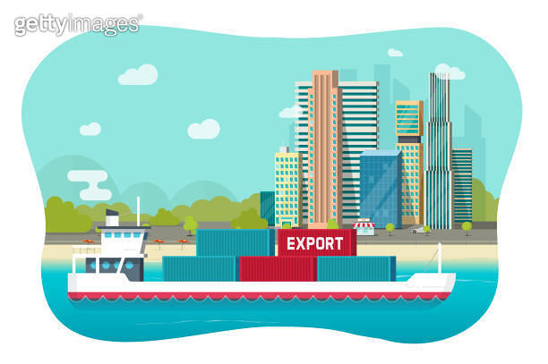 Port sea logistics ship with export containers vector graphic, cargo ...