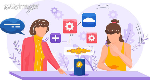 Voice assistant. Smart speaker virtual assistant, sound robot, people ...