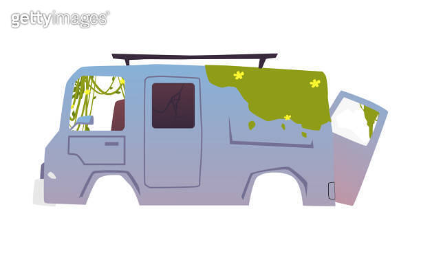 Cartoon vector illustration of old rusty car disassembled, overgrown ...
