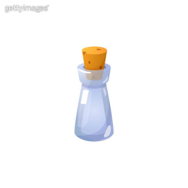 Magic empty potion flask, vector glass bottle with corkwood plug and ...