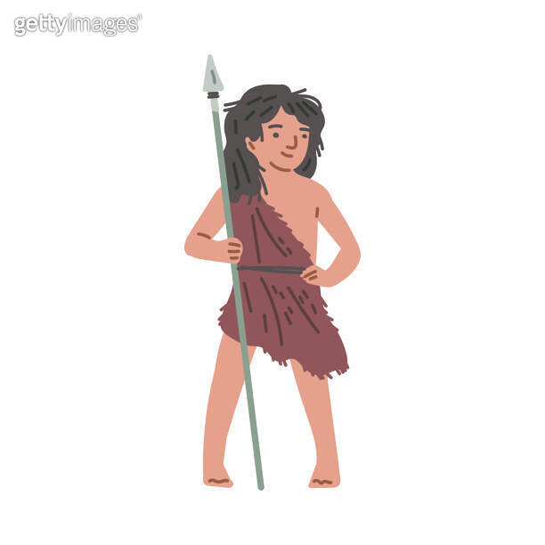 Prehistoric primitive young caveman stands with spear, hunter, defender ...