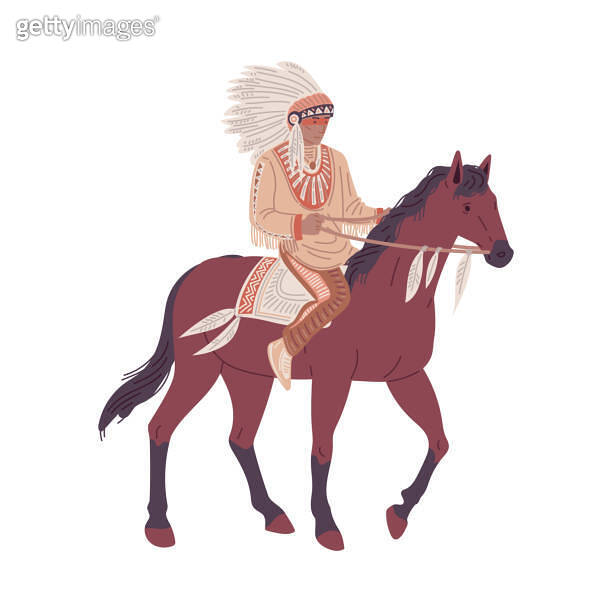 Native Americans tribe member riding horse, flat vector illustration ...