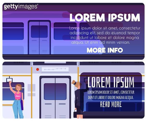 Set of vector banners, flyers of subway train with automatic doors ...