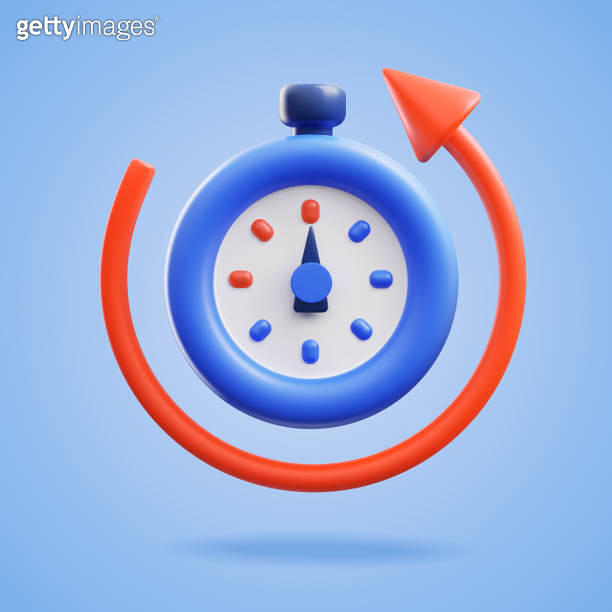 3D stopwatch with red arrow, blue timer with button, vector realistic ...
