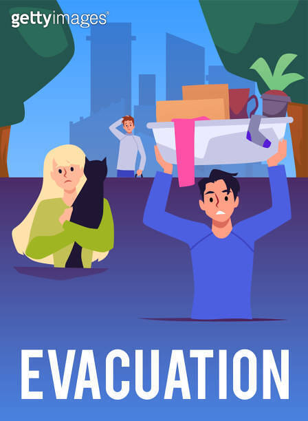 Emergency evacuation victims of flood disaster, people rescue from ...