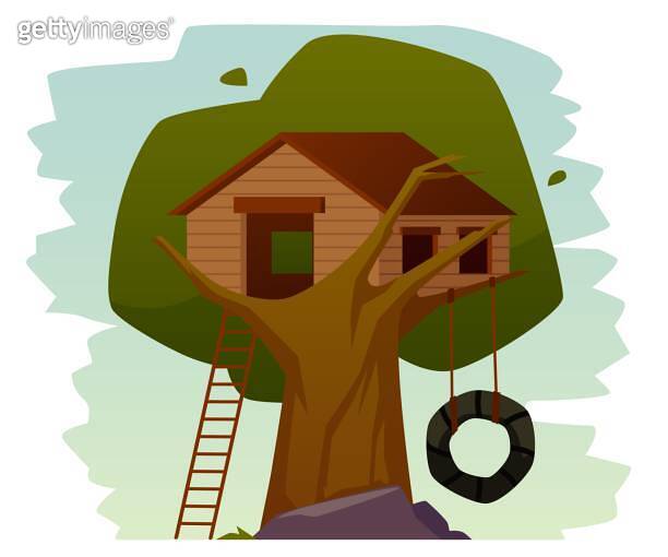 Tree house or toy tree fort for kids play, flat vector illustration ...