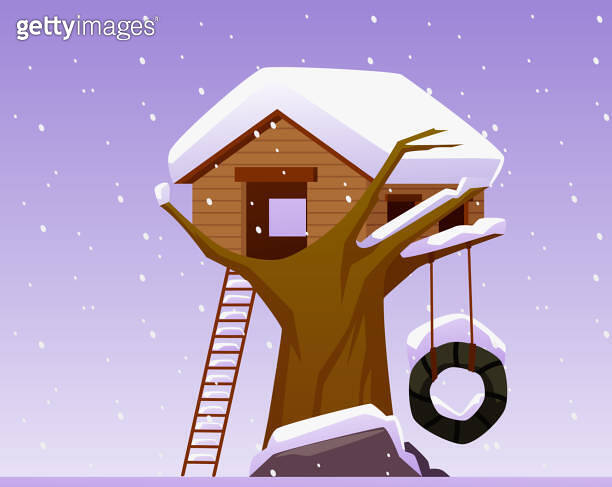 Winter landscape with treehouse on tree branches flat vector ...