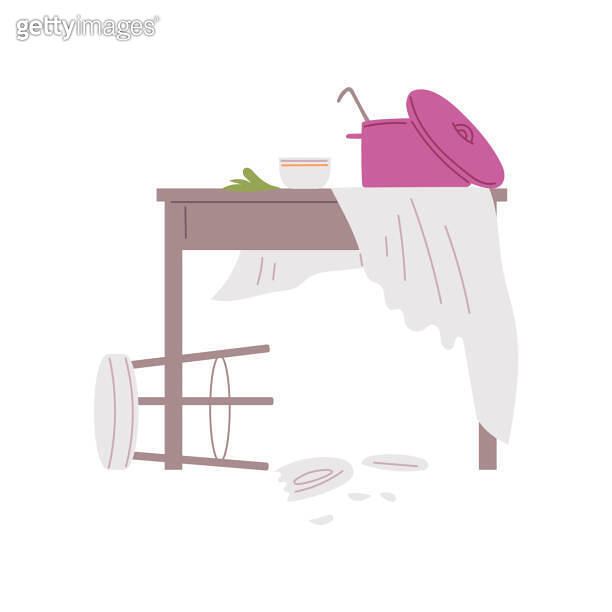 Pet mess overturned chair, broken plate, dining table with pan and torn ...